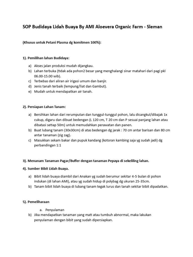 SOP Budidaya Lidah Buaya by AMI Aloevera Organic Farm | PDF