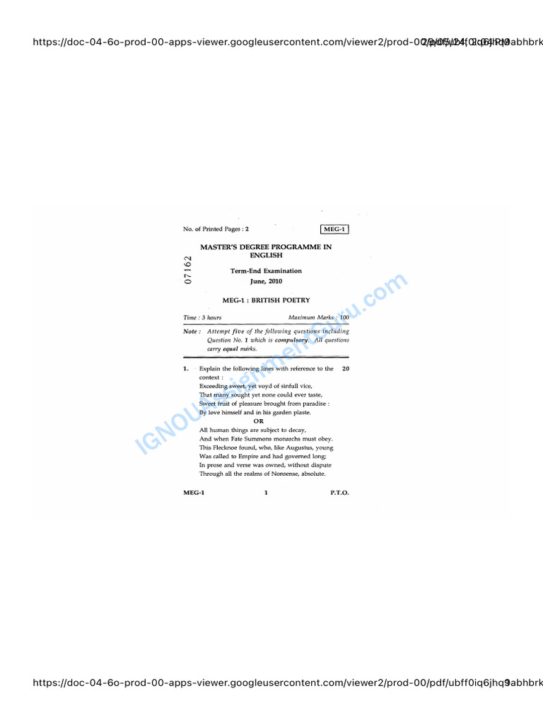 MEG 01 PYQ’s | Download Free PDF | Poetry