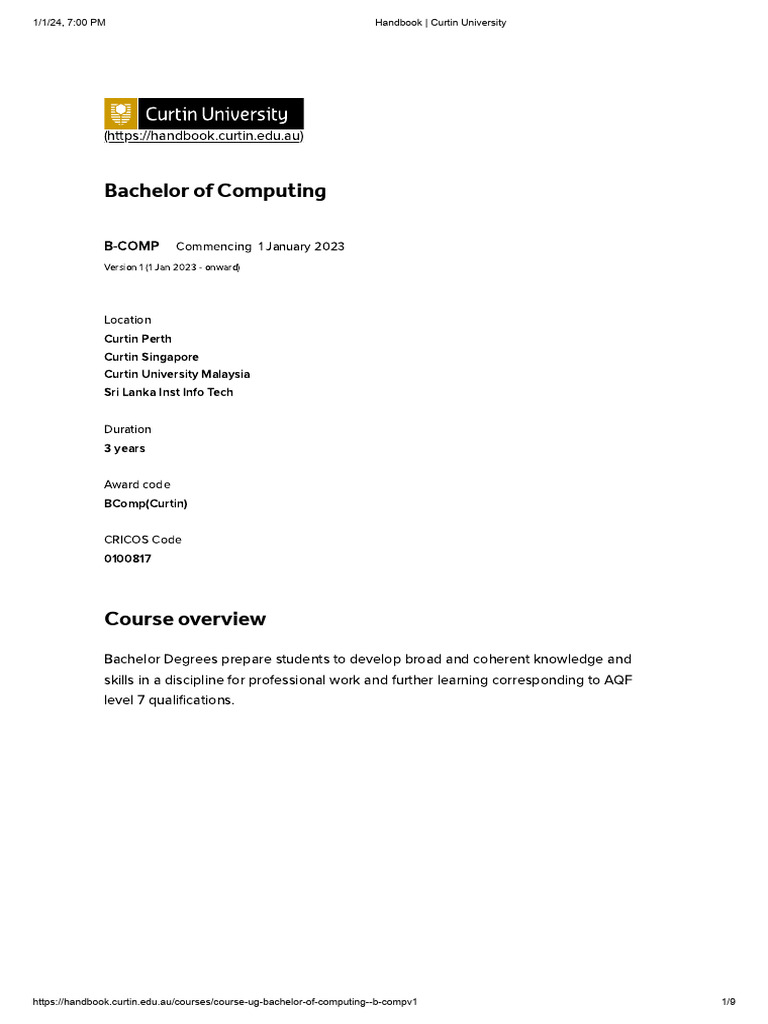 Handbook - Curtin University | PDF | Bachelor's Degree | Computing