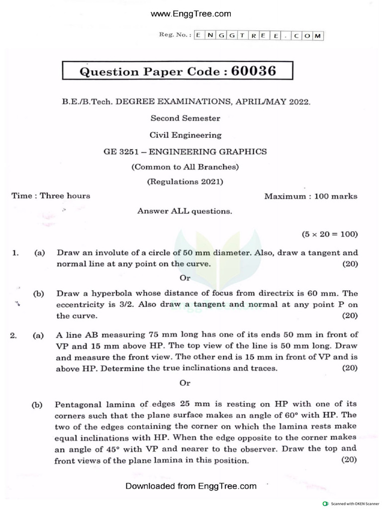 GE3251 Engineering Graphics Apr May 2022 Question Paper Download | PDF