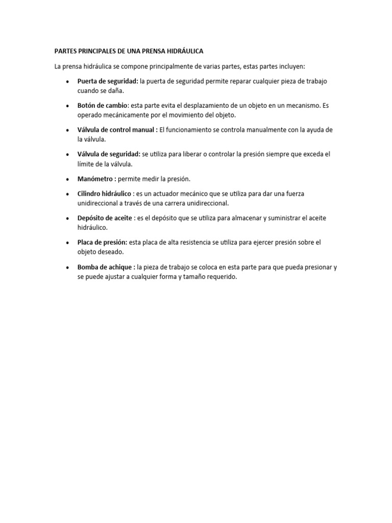 Partes Principales de Una Prensa Hidráulica | PDF | Tecnología