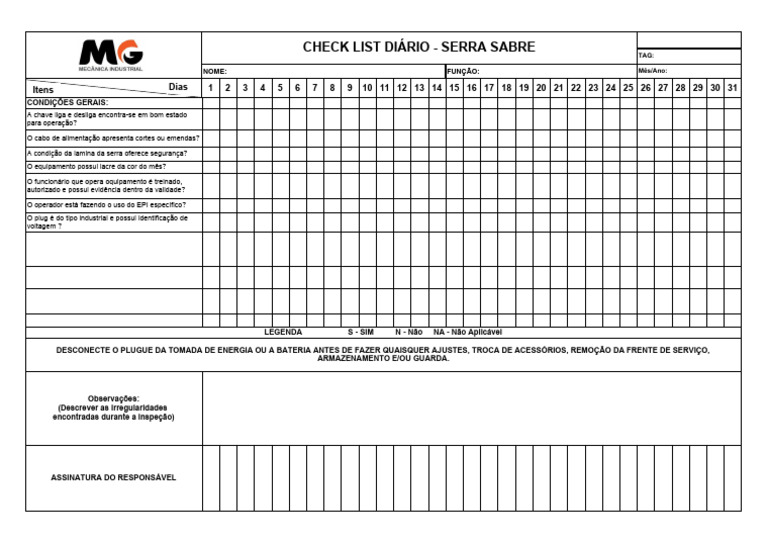 Check List Diário - Serra Sabre | PDF