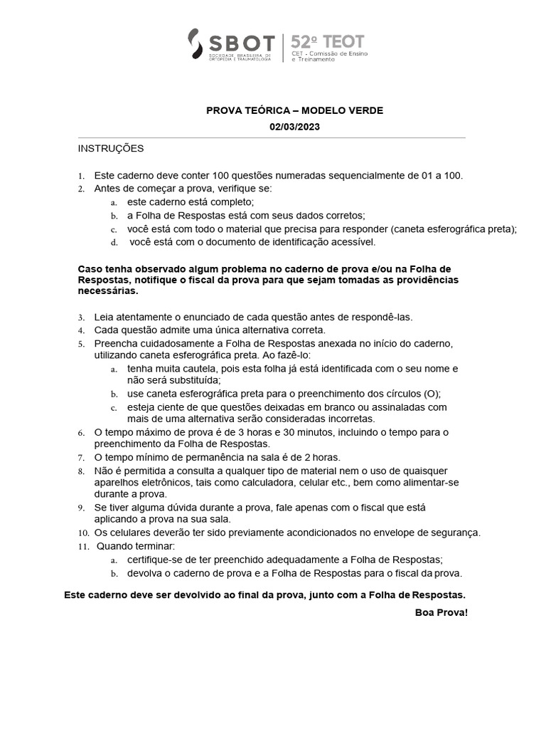 TEOT 2022 Teórica (Prova) | PDF | Joelho | Cotovelo