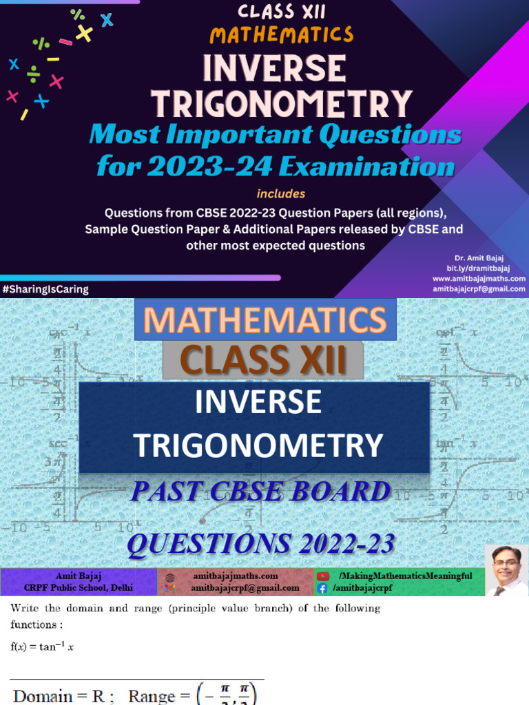 Class XII INVERSE TRIGONOMETRY Most Important Questions For 2023-24 ...