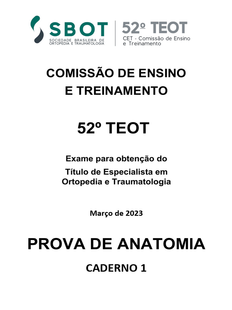TEOT 2022 Anatomia (Prova) | PDF | Anatomia | Anatomia dos membros ...
