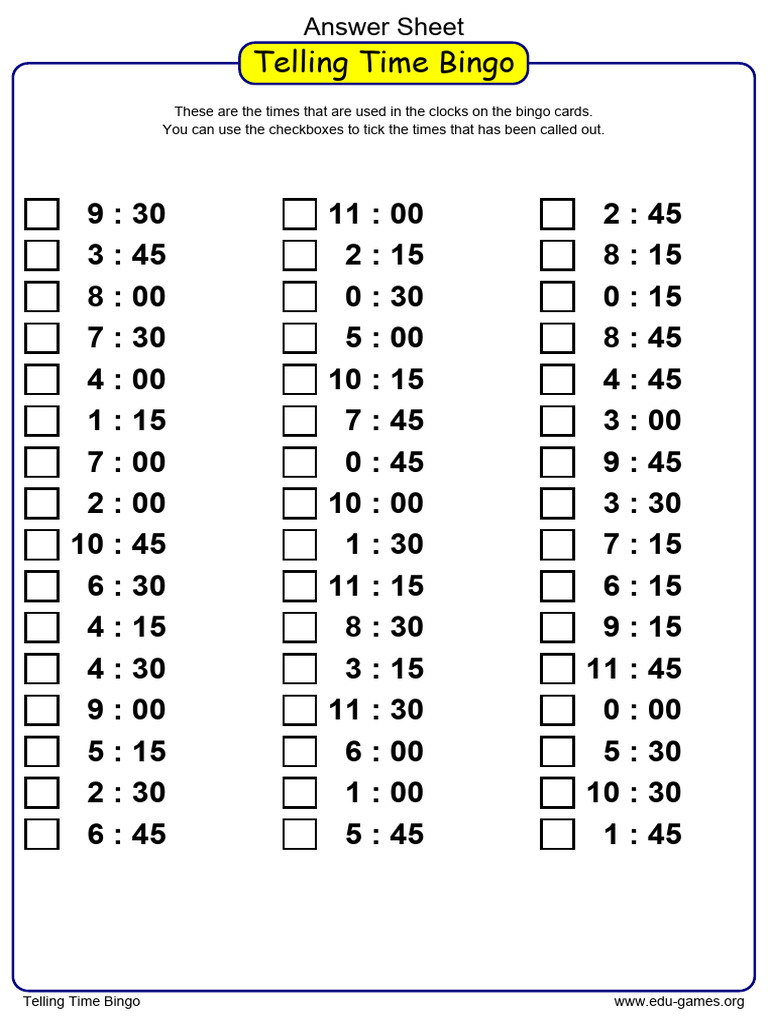 Telling Time Bingo Answer Sheet | PDF | Games & Activities