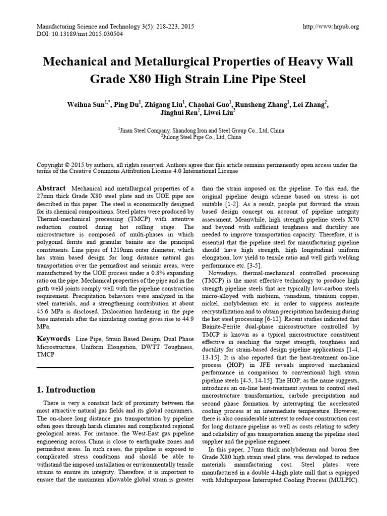 Mechanical and Metallurgical Properties of Heavy Wall Grade X80 High ...