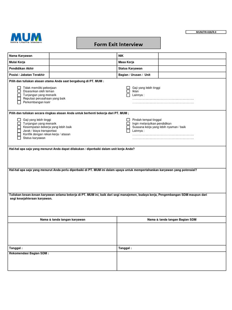 MUM - FR-028 - R0 Form Exit Interview | PDF | Karier & Perkembangan | Bisnis