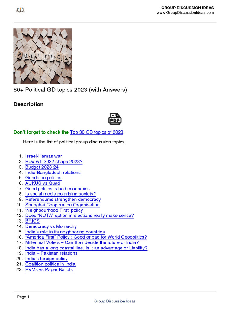 80+ Political GD Topics 2023 (With Answers) | PDF | Political Science ...