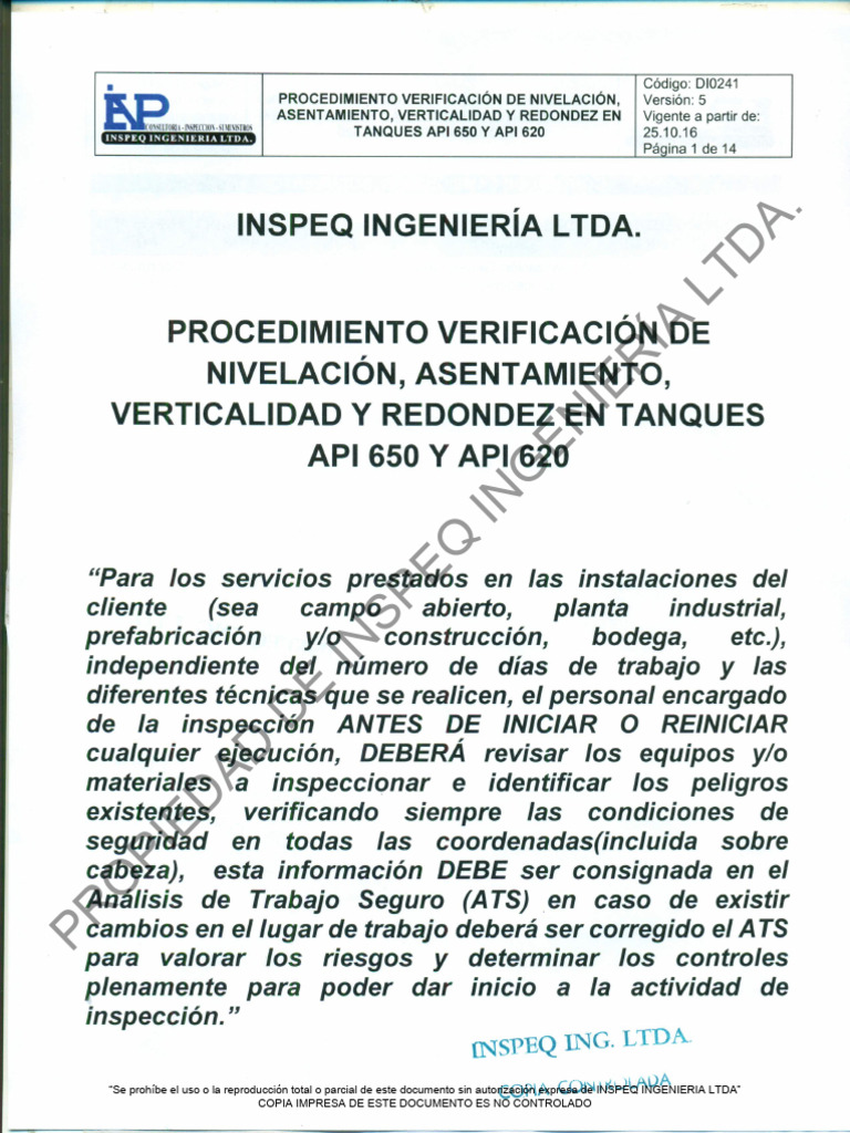 Di0241 Procedimiento Verificación de Nivelación Asentamiento Verticalidad y Redondez en Tanques ...