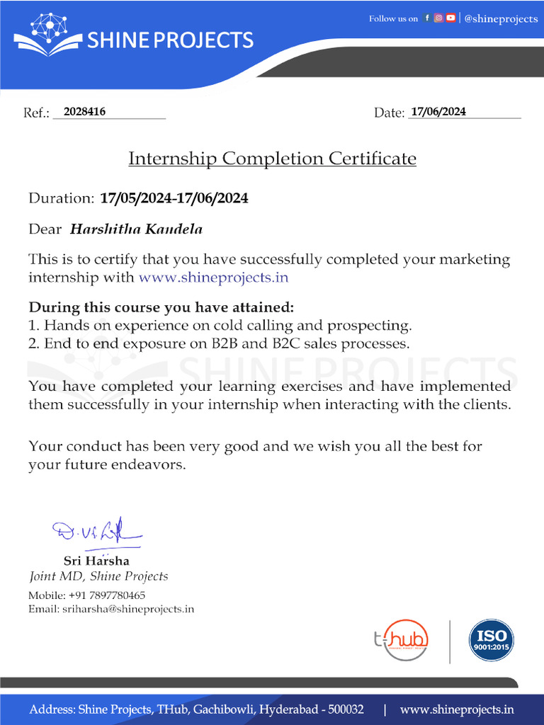 Shine Projects Internship Completion Certificate | PDF