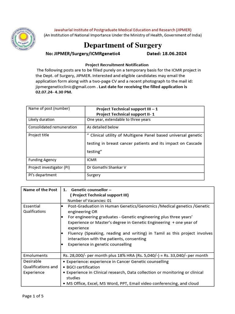 JIPMER Official Notification Application Form For Project Technical ...