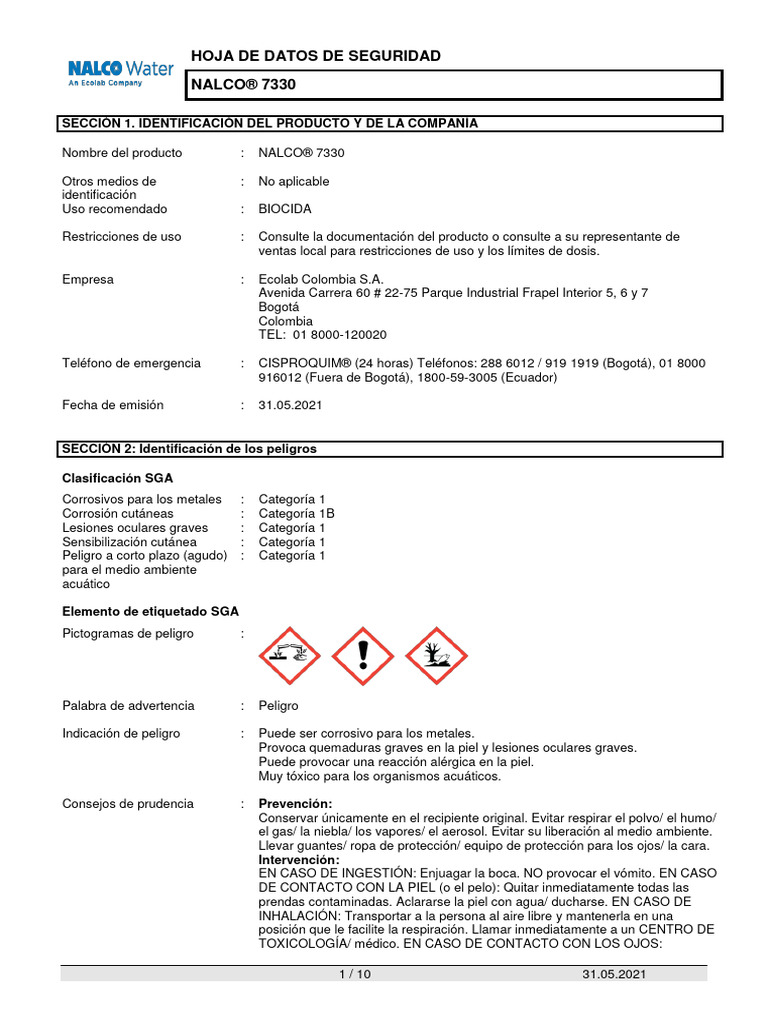 MSDS NALCO 7330 (2021) | Descargar gratis PDF | Agua | Guante