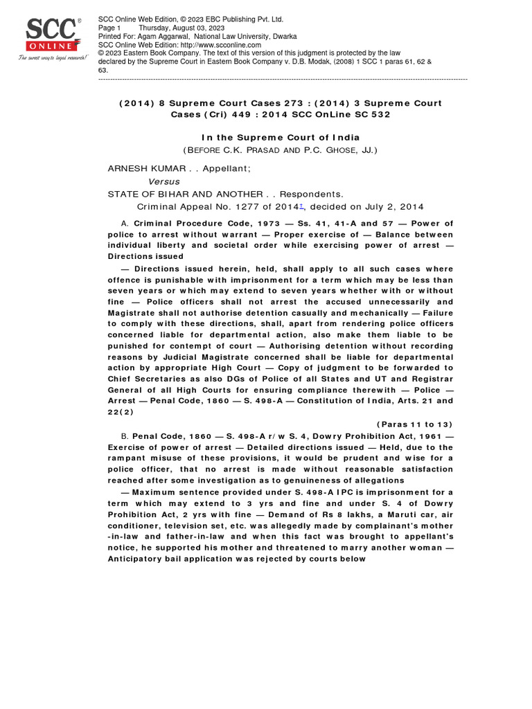 Arnesh Kumar | PDF | Arrest | Crime & Violence