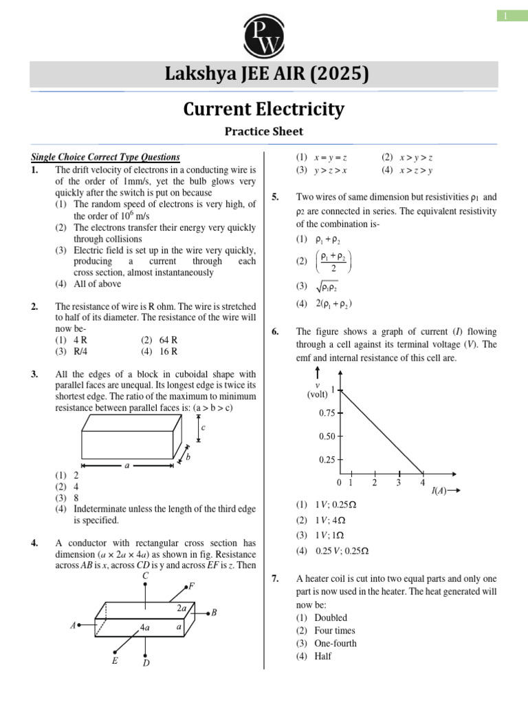660f719239754b00188d0a8c Current Electricity Practice Sheet Lakshya Jee Air Recorded