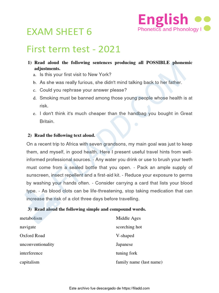 Exam Sheet 6 | PDF | General Fiction