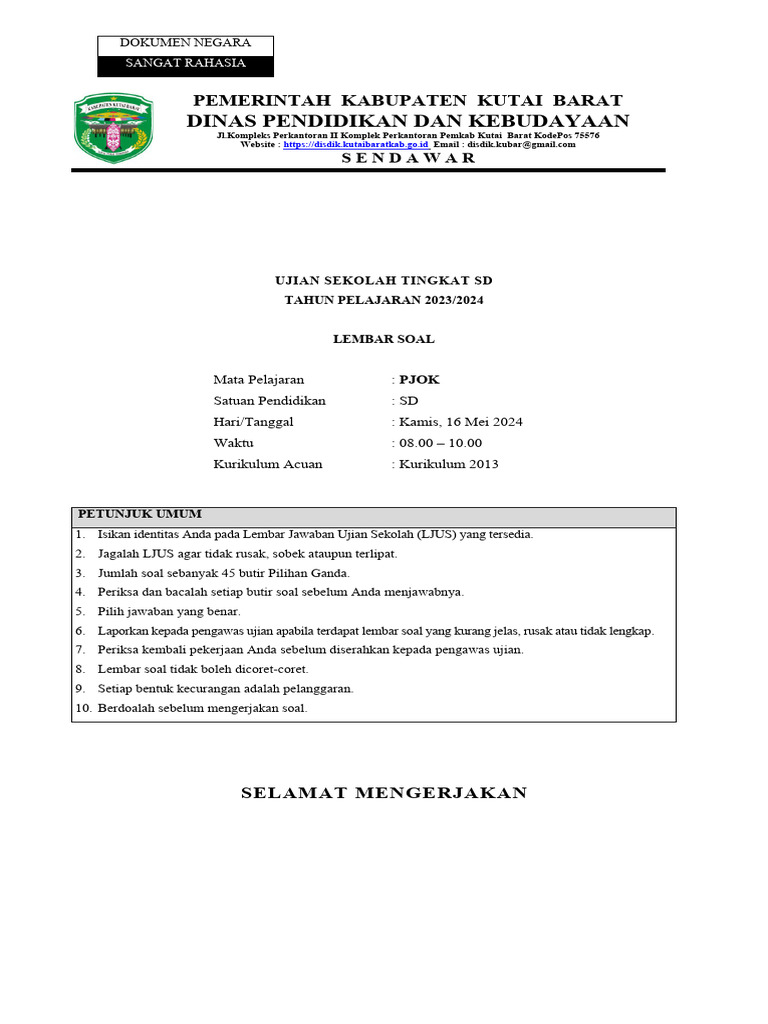 Soal Us SD Pjok 2024 | PDF