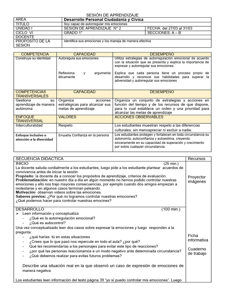 Experiencia 1 Sesion 2 Manejo De Emociones Pdf Las Emociones
