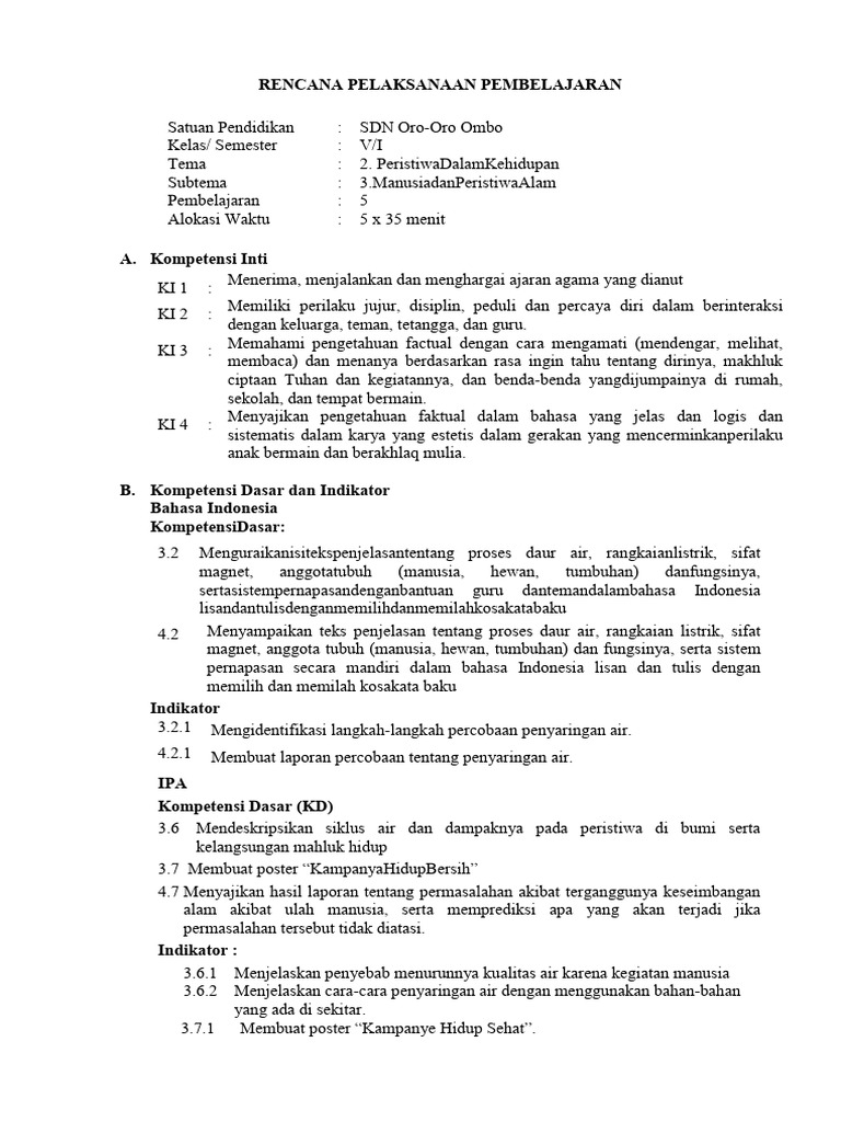 RPP Kelas V - Tematik - Konservasi - Air - Ina - Wahyuni | PDF | Karier & Perkembangan ...