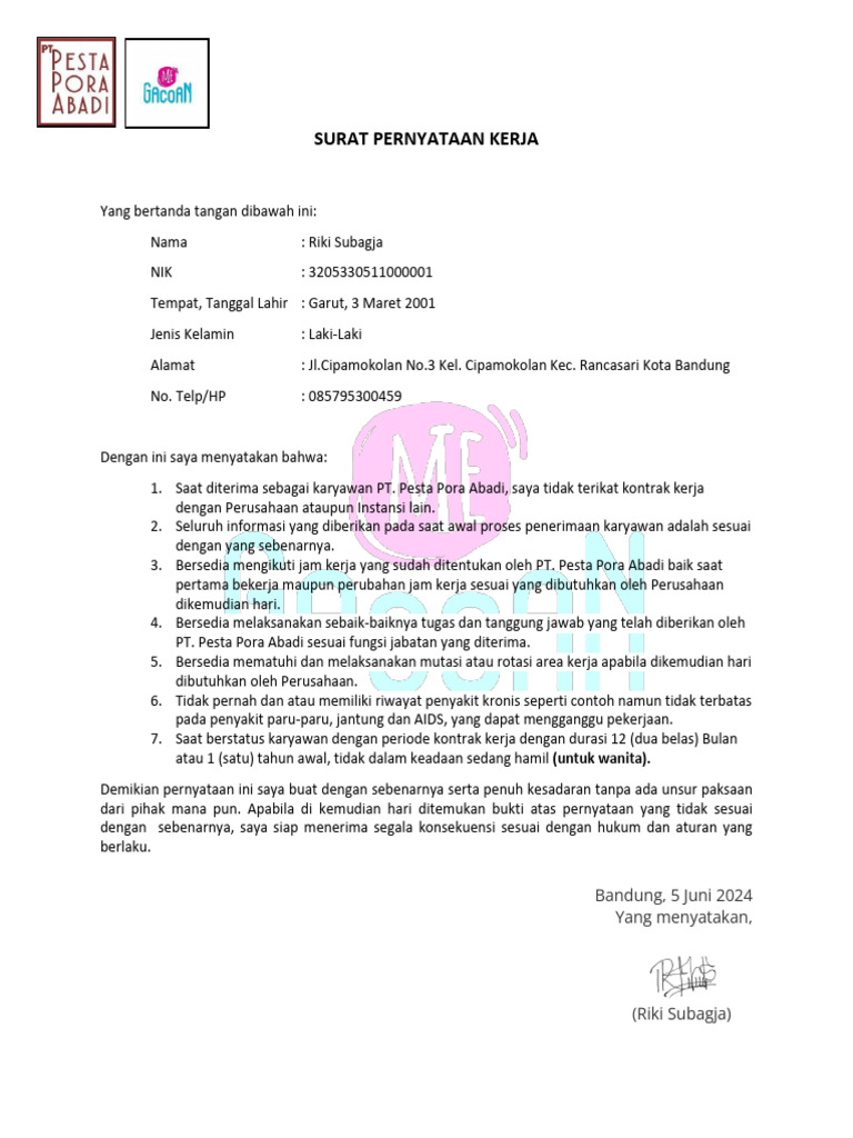 Surat Pernyataan Bekerja | PDF