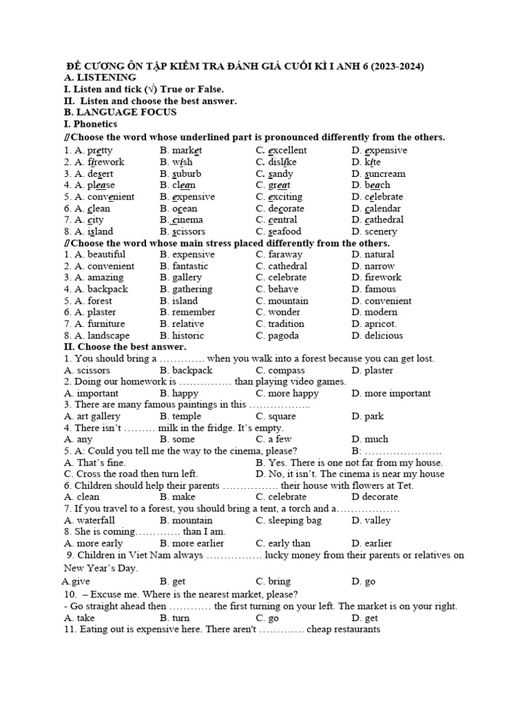 ĐỀ CƯƠNG CK I ANH 6 (2023-2024) | PDF