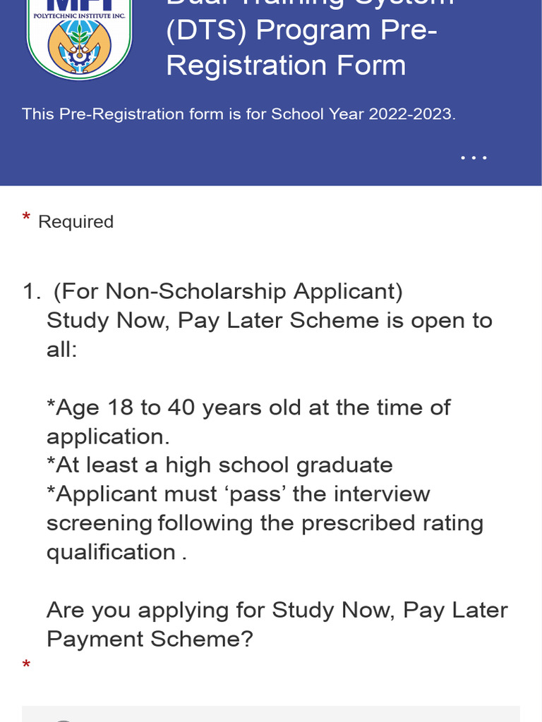 Dual Training System (DTS) Program Pre-Registration Form | PDF