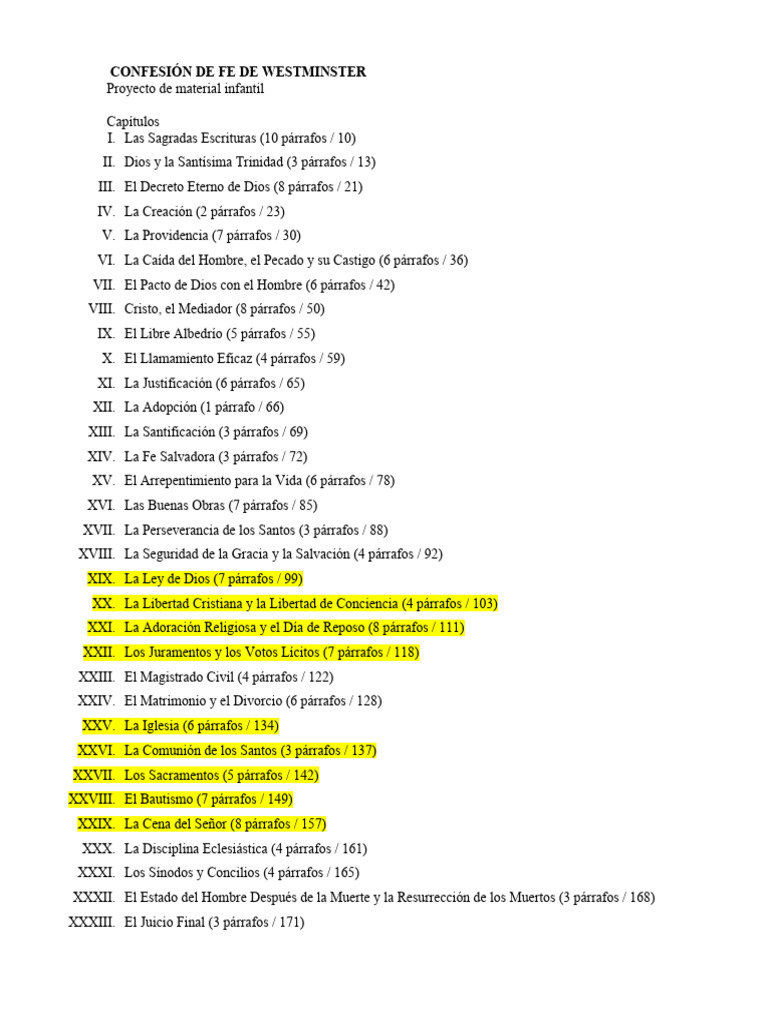 Esquema De Contenidos De La ConfesiÃ N De Fe De Westminster