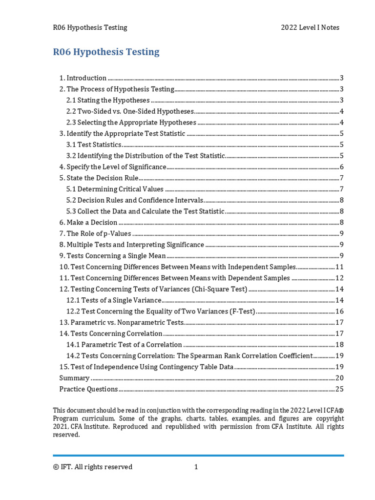 IFT Notes R06 Hypothesis Testing | Download Free PDF | Statistical ...