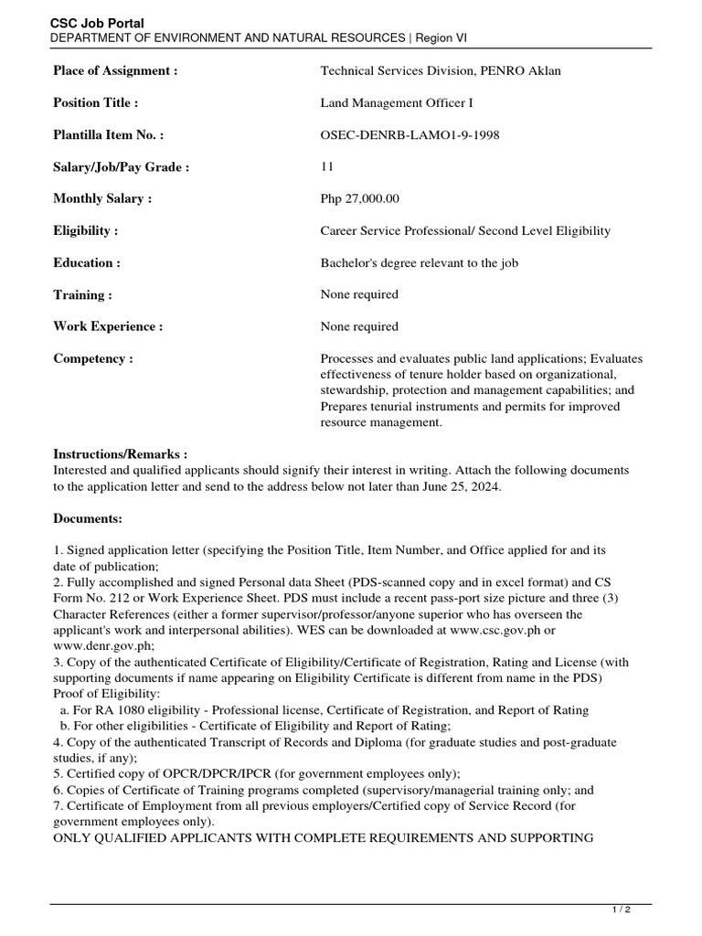 Land Management Officer I Job Opening | PDF