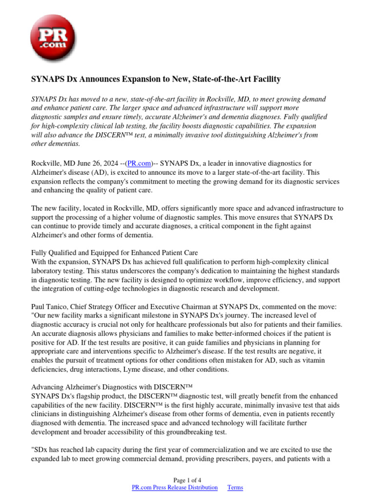 SYNAPS DX Announces Expansion To New, State-of-the-Art Facility | PDF | Medical Diagnosis | Dementia