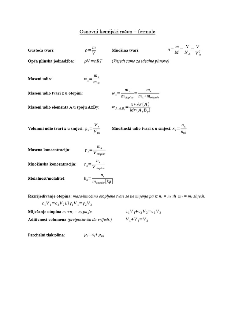Osnovni Kemijski Račun - Formule | PDF