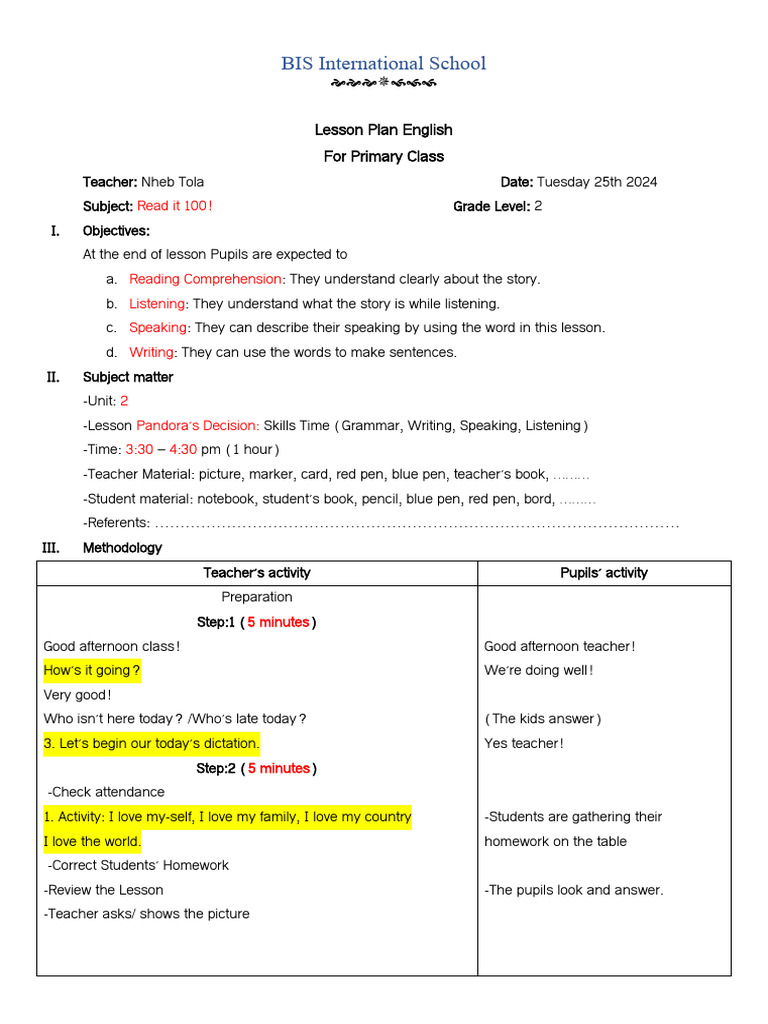 BIS's Lesson Plan (Wednesday 26th 2024) | PDF | Lesson Plan | Behavior ...