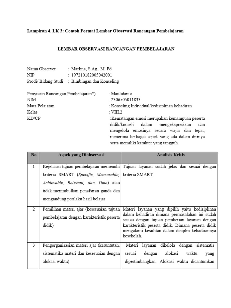 Contoh Format Lembar Observasi Rancangan Pembelajaran. | PDF | Seni