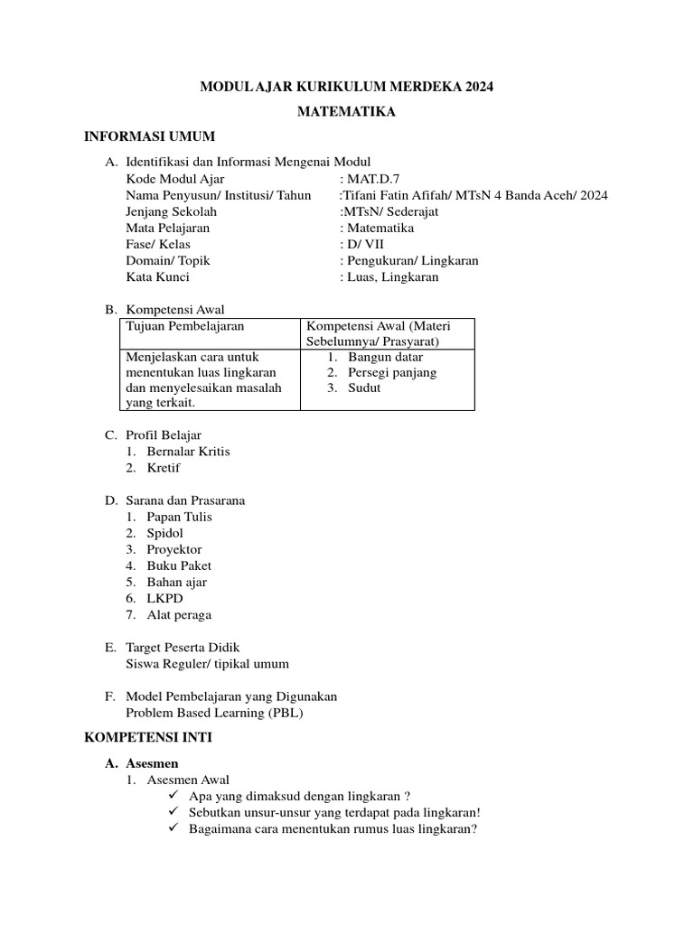 Modul Ajar Lingkaran | PDF | Metode & Bahan Ajar