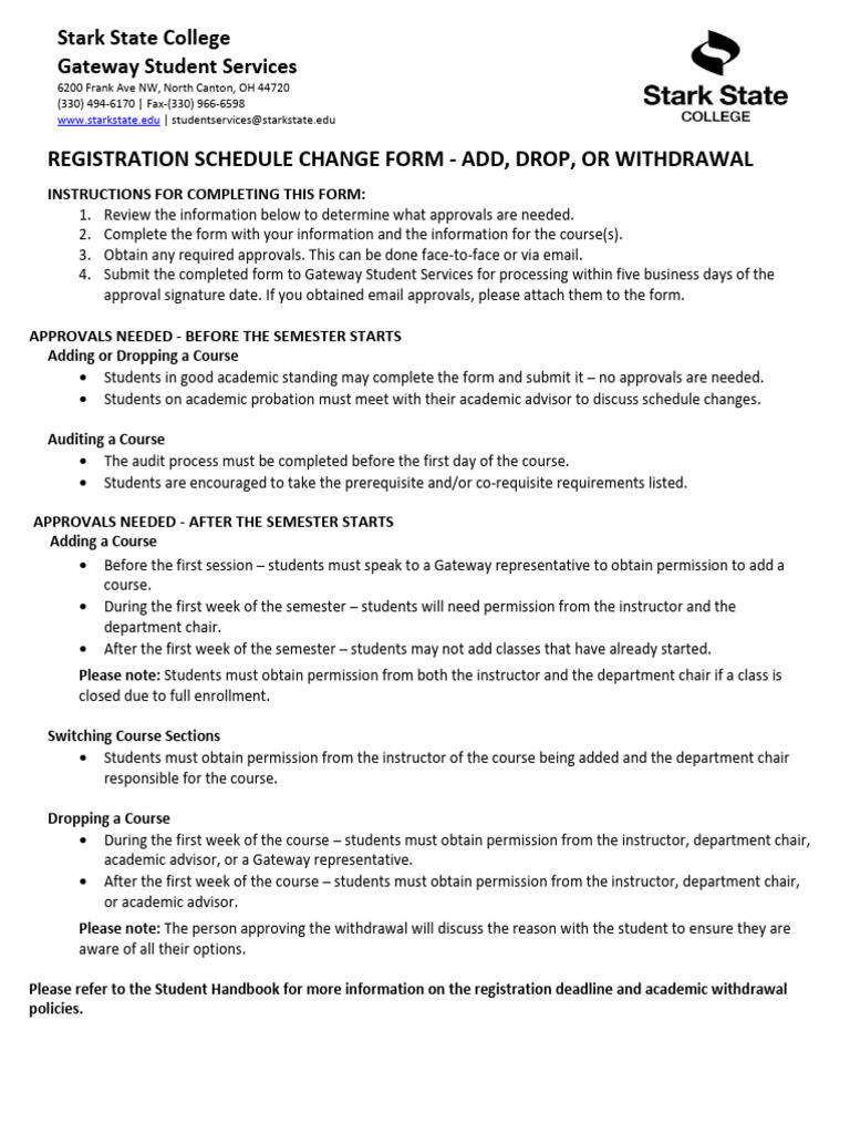 Registration Schedule Change Form - Add, Drop, or Withdrawal | PDF