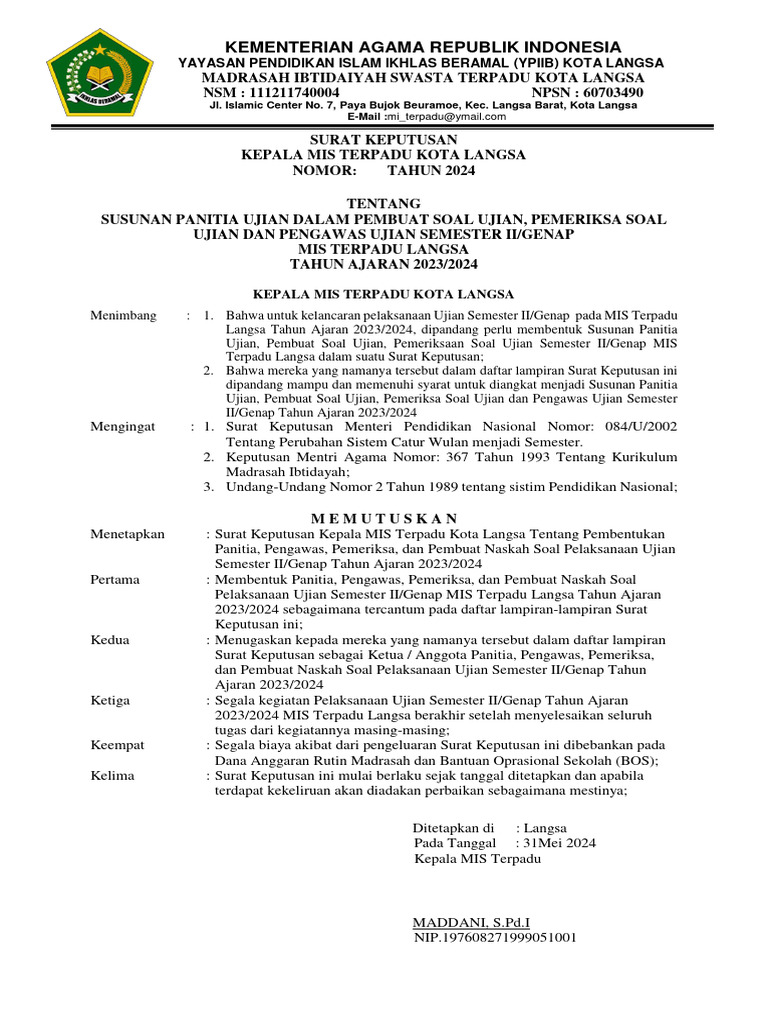 Contoh Format SK PANITIA UJIAN SEMESTER GENAP | PDF