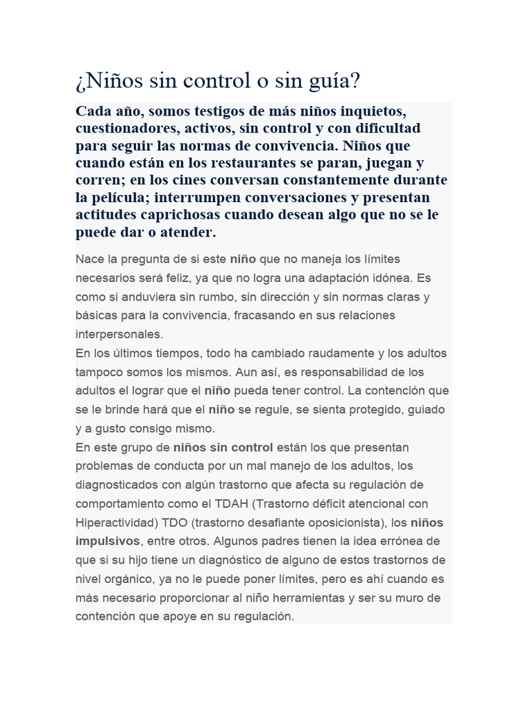 Niños Sin Control o Sin Guía Boletin 4 | PDF | Desorden hiperactivo y ...