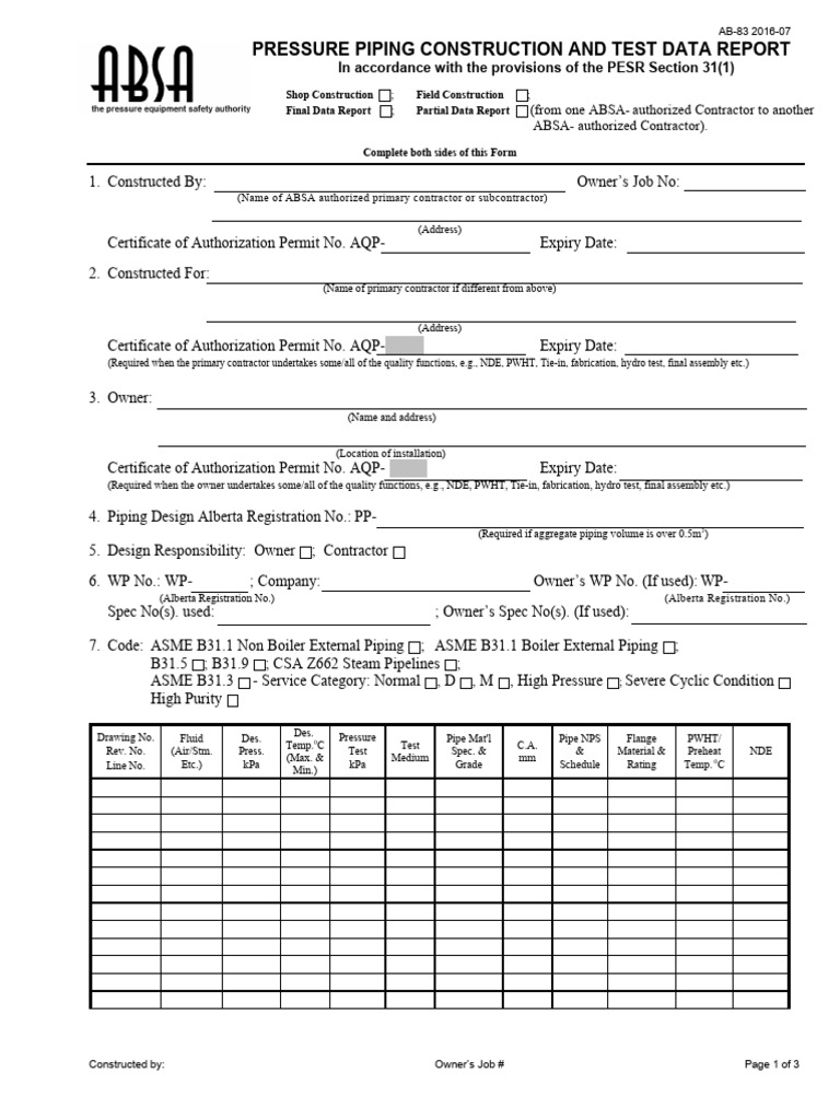 AB-83 Pressure Piping Data Report | PDF | Pipe (Fluid Conveyance) | Boiler