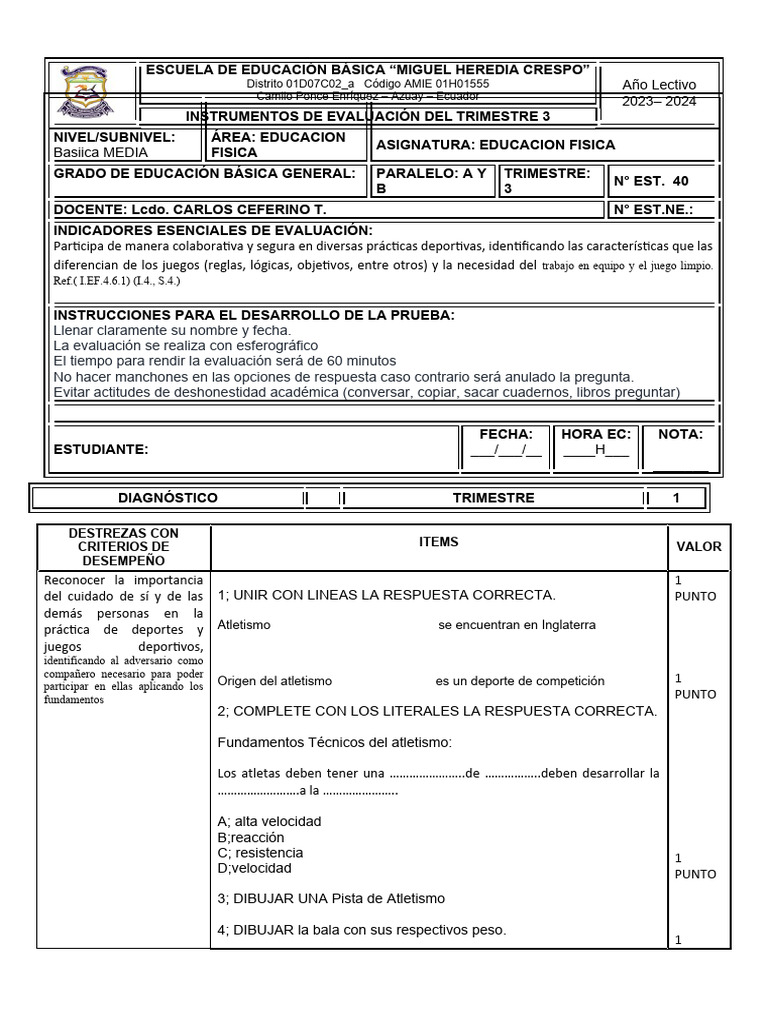EVALUACION 3 TRIMESTRe de EDUCACION FIISCA 5 A | PDF | Evaluación | Deporte del atletismo