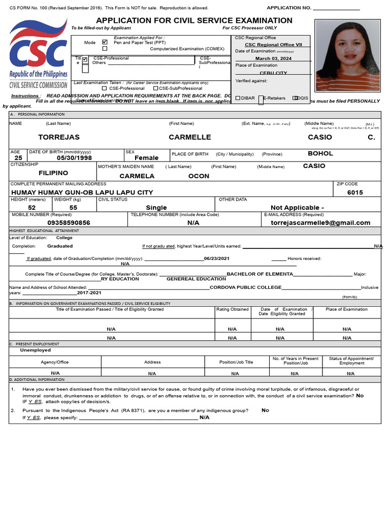 Application - TORREJAS Civil Service EDITED | PDF | Identity Document