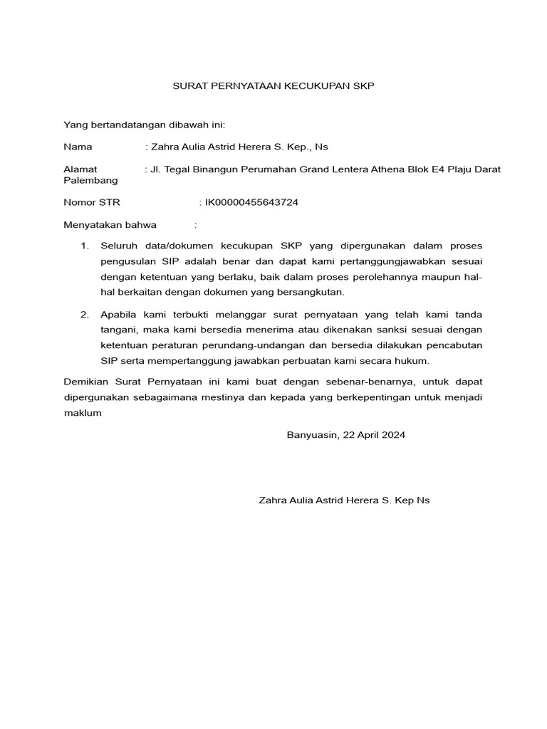 Surat Pernyataan Kecukupan SKP | PDF Surat Pernyataan Kecukupan SKP | PDF