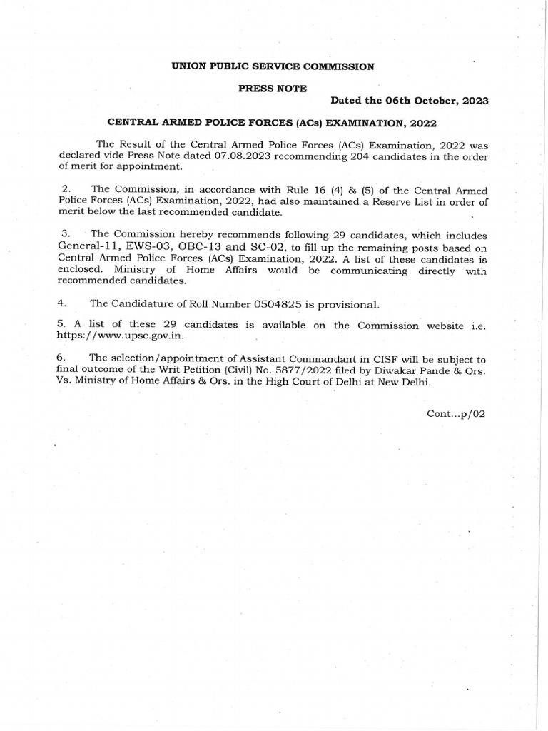 ReserveList CAPF AC Exam 2022 Engl 061023 | PDF