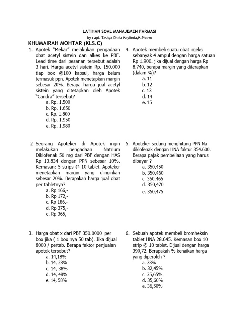 Latihan Soal Manajemen Farmasi | PDF