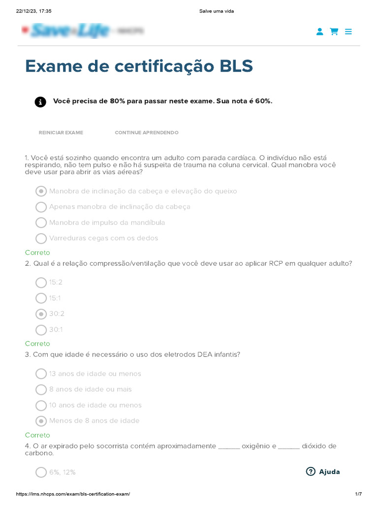 Test Bls 1 | PDF | Reanimação cardiopulmonar | Especialidades médicas