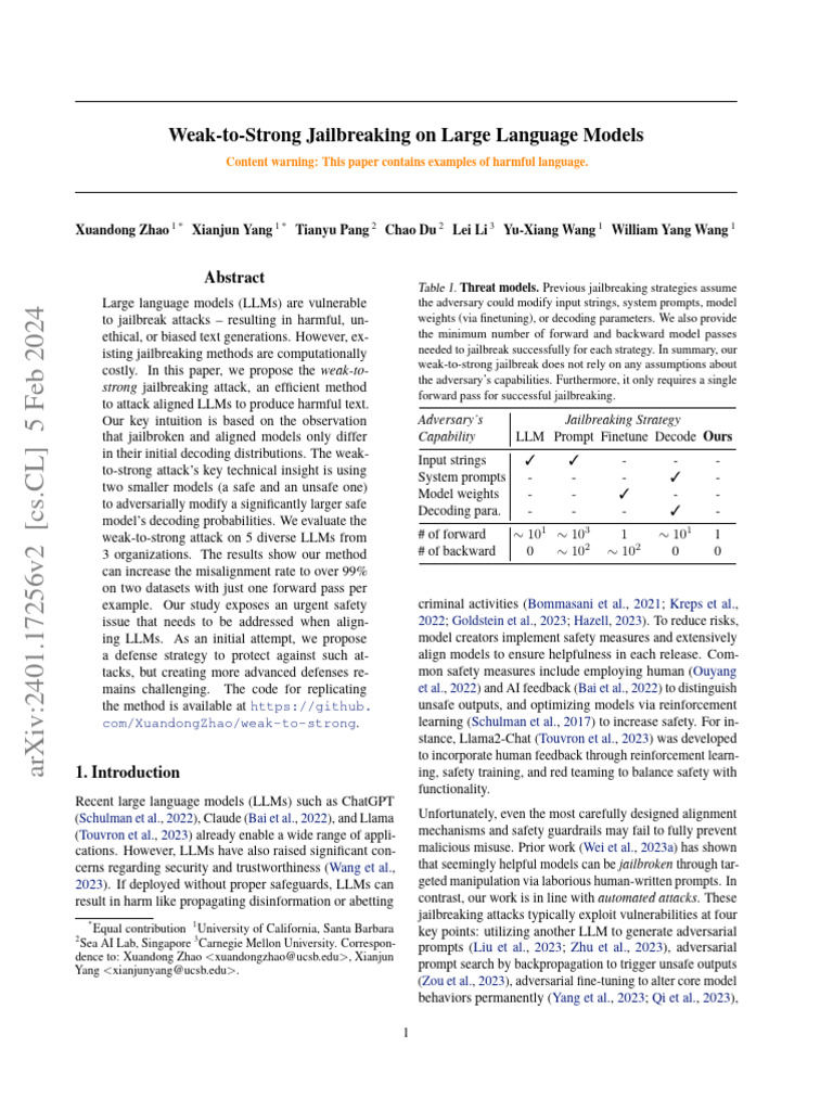 2024 - Weak-to-Strong Jailbreaking On Large Language Models | PDF | Artificial Intelligence ...