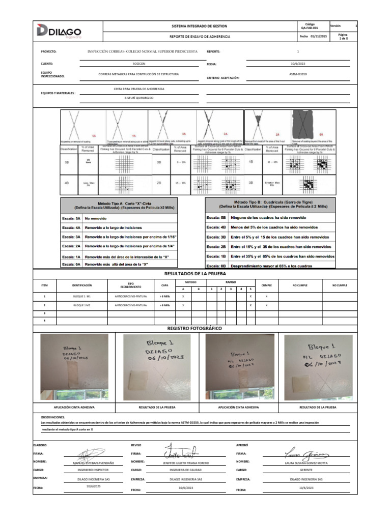 Reporte de Liberacion de Recubrimiento Prueba de Adherencia ASTM D | PDF