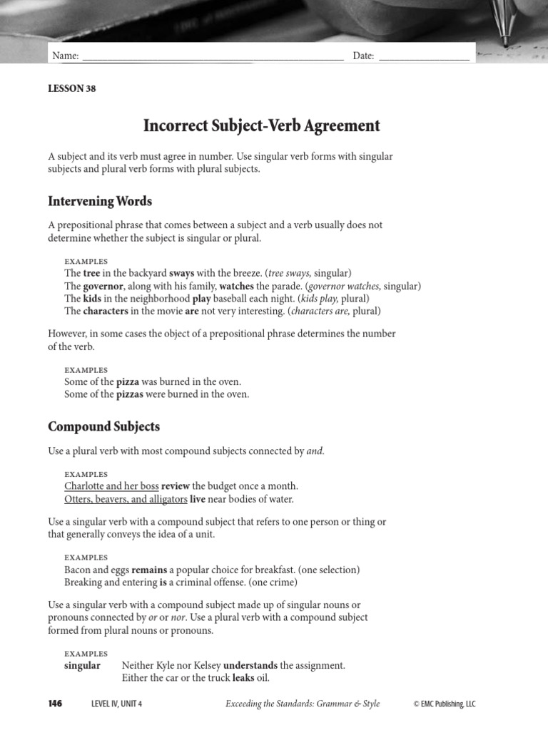 G&S - Lesson 38 Incorrect Sunject-Verb Agreement | PDF | Grammatical ...