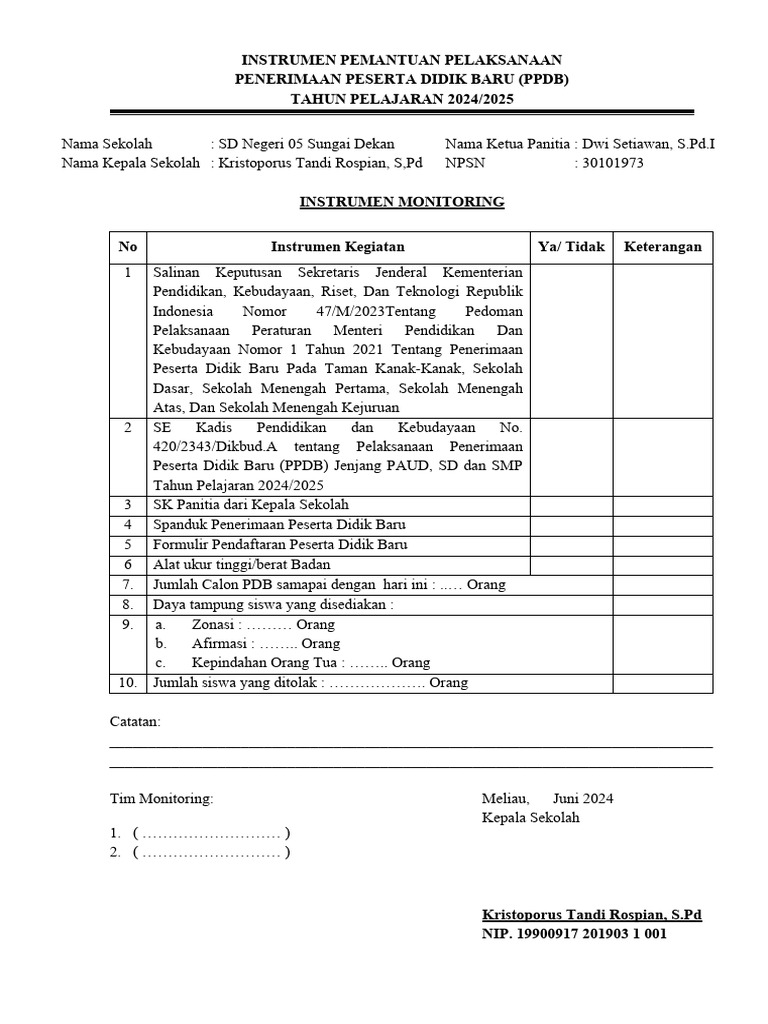 Instrumen Monitoring PPDB 2024 | PDF