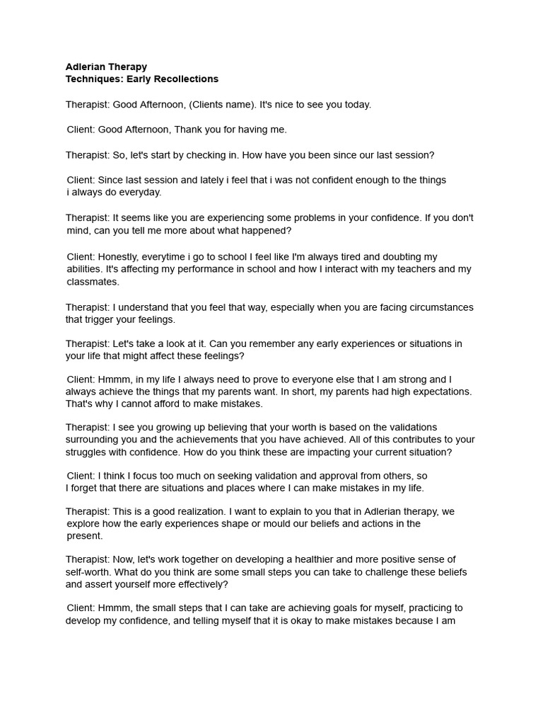 Adlerian Therapy Sample Script (Day 1) | PDF | Psychotherapy | Feeling