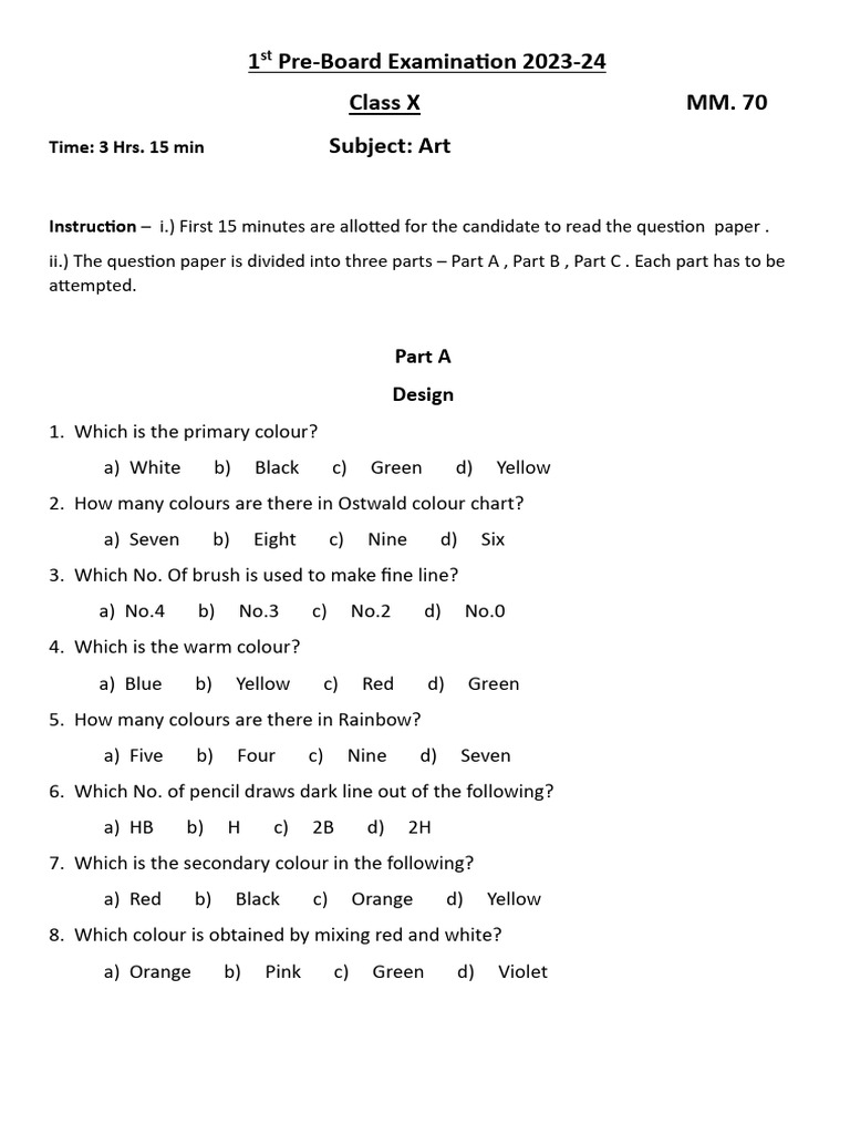 1 Pre-Board Examination 2023-24 Class X Mm. 70 Subject: Art | PDF | Circle | Rectangle